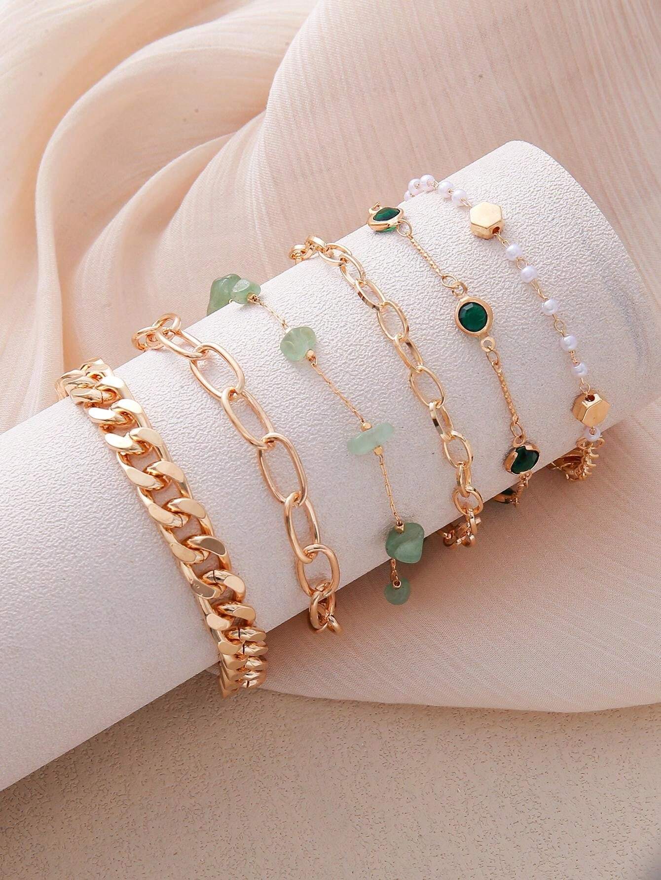 6pcs Fashionable Natural Stone & Glass Faux Pearl Geometric Jewelry Set ...