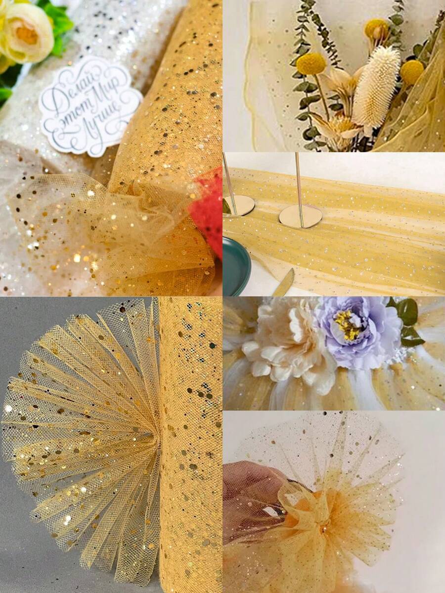 1PC 15cm/5cm Width Mini Gold Glitter Tulle Roll Sparkling Tulle Ribbon ...