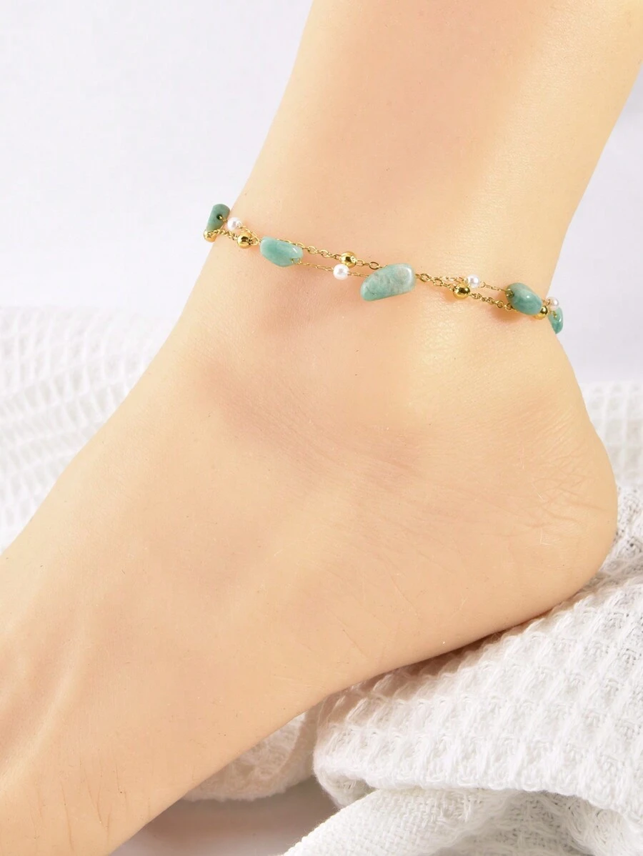1ps Fashionable Double-Layer Chain&Natural Stone Ankle Chain Suitable ...