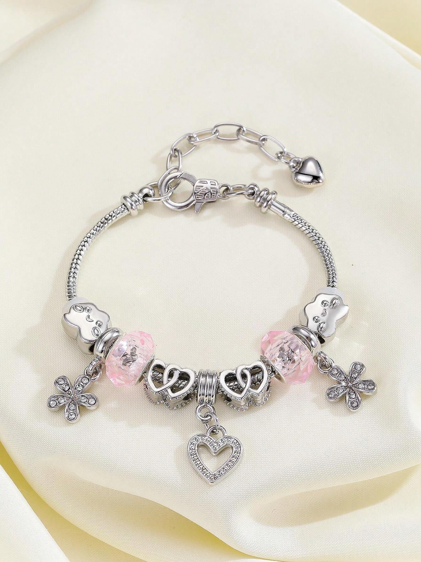 1ชิ้น Charm กลวงออก สร้อยข้อมือดอกไม้ลูกปัดรูปหัวใจพร้อม พลอยเทียม ...