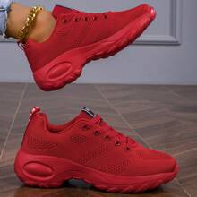 Women's Thick Bottom Casual Sports Shoes, Red Mesh Shoes With Thick ...