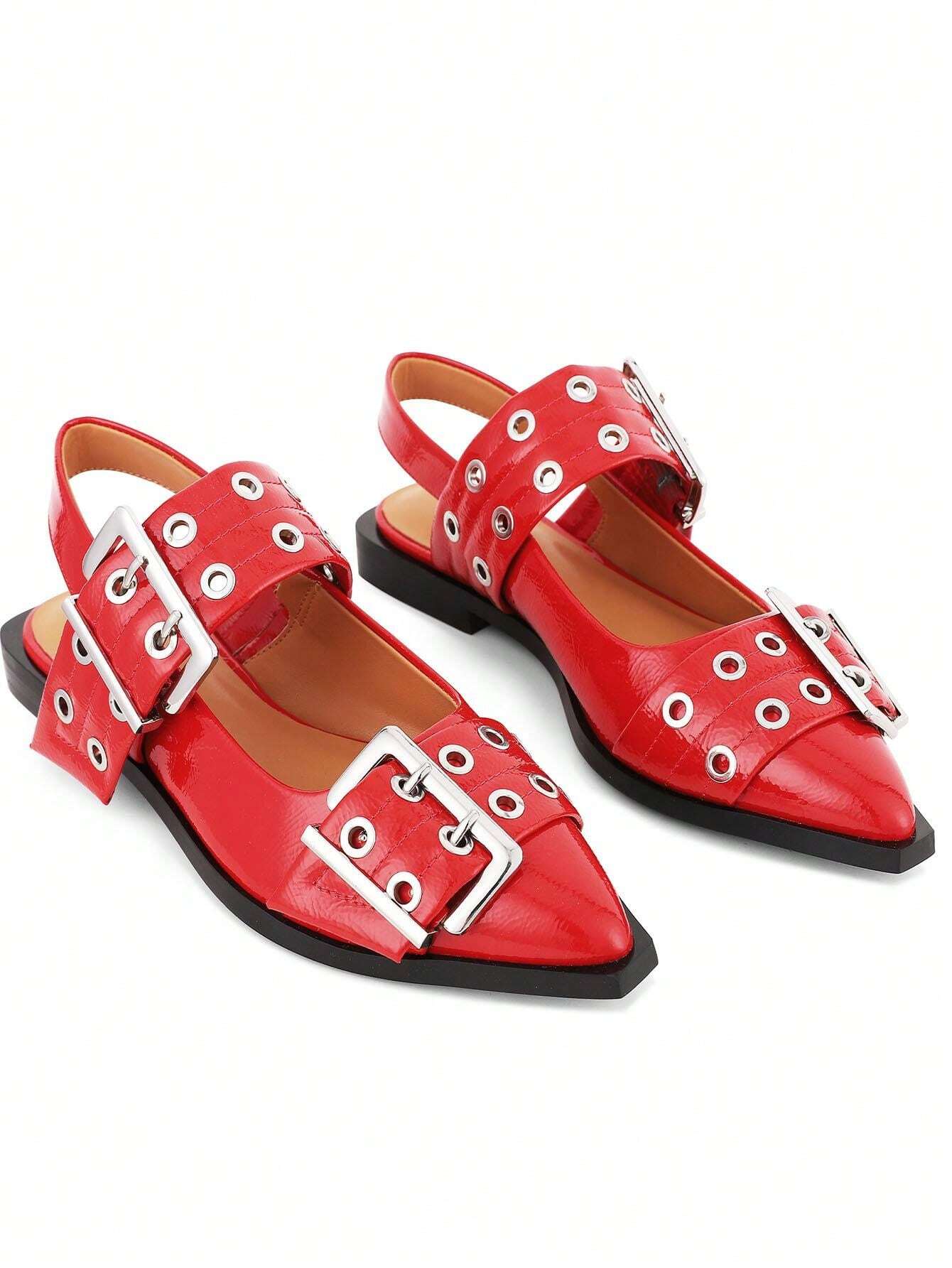 Women Buckle Ballet Flats Pointed Toe Slingback Block Heels Comfortable ...