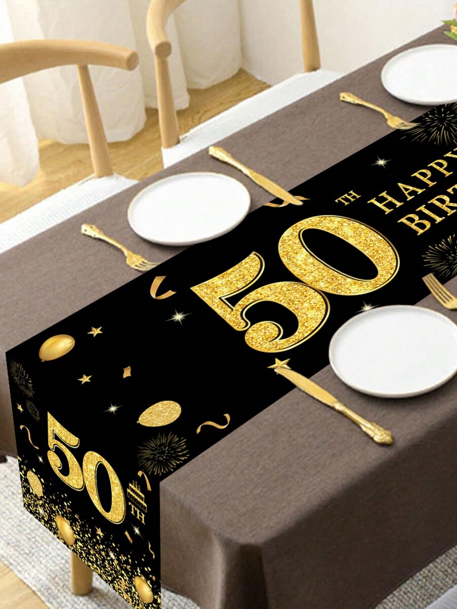 1pc Black Gold Polyester Table Runner Diamond Balloon Pattern, Table ...