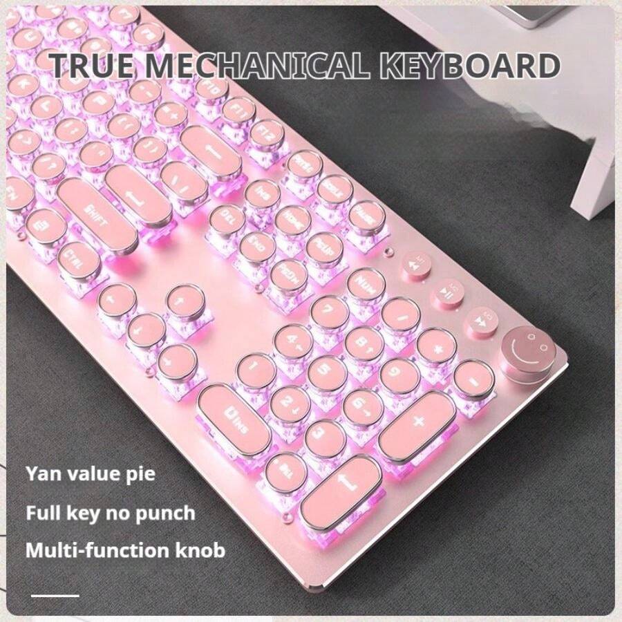 EWEADN TK100 Teclado mecánico de tecla redonda rosa, teclado luminoso de mecanografía, eje verde ...