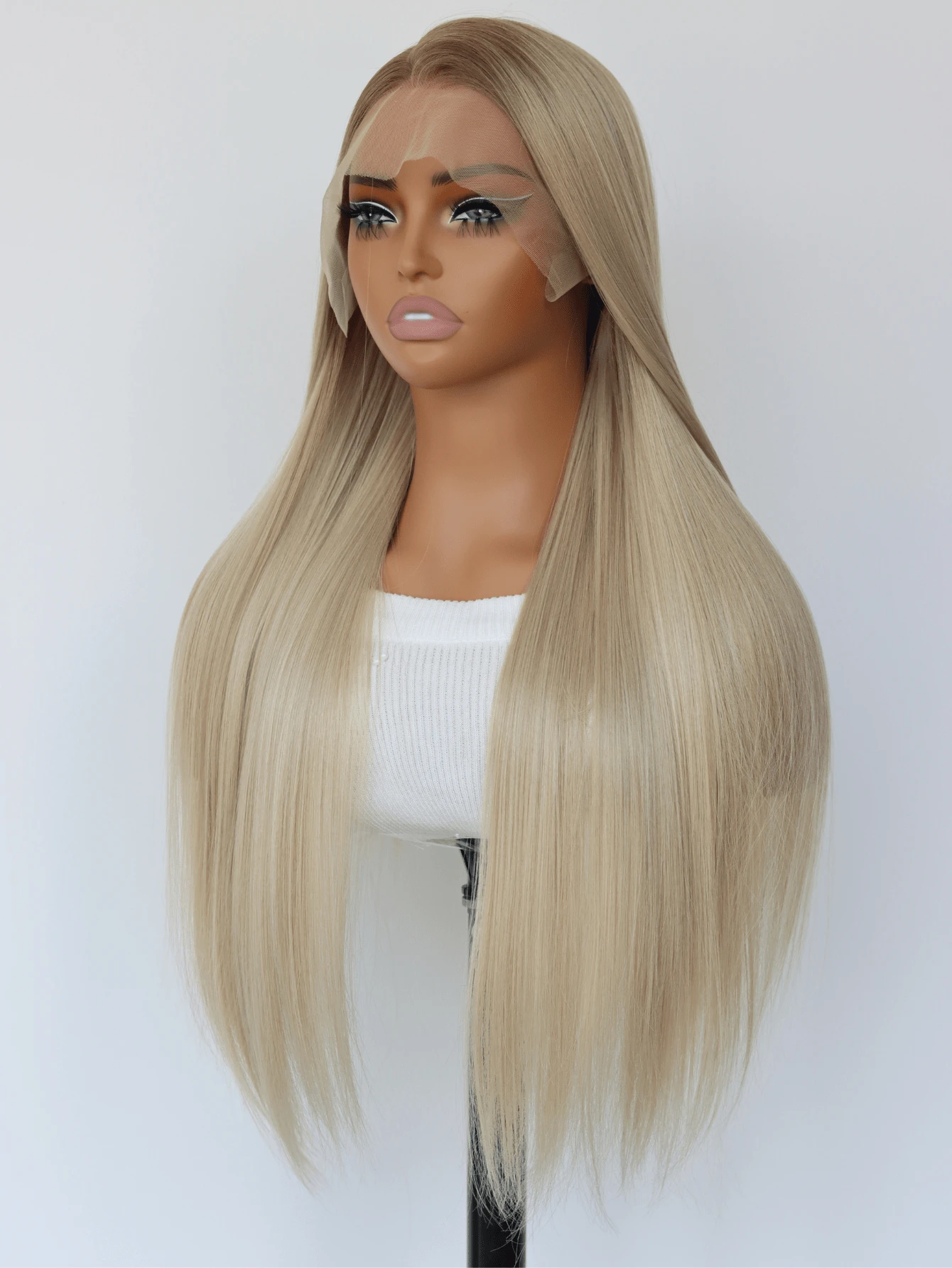 SALLYWELL Peruca Frontal Longa Sintética Loira Cinza Gradiente Liso com Efeito de Desfiladeiro ...