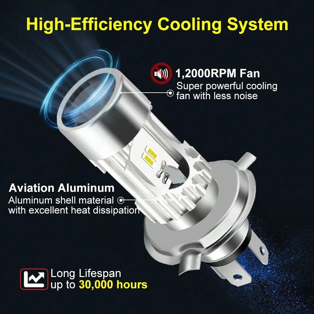 Motorcycle H4 BA20D LED Headlight Blubs With Fan 20W 6000K Moto Light ...