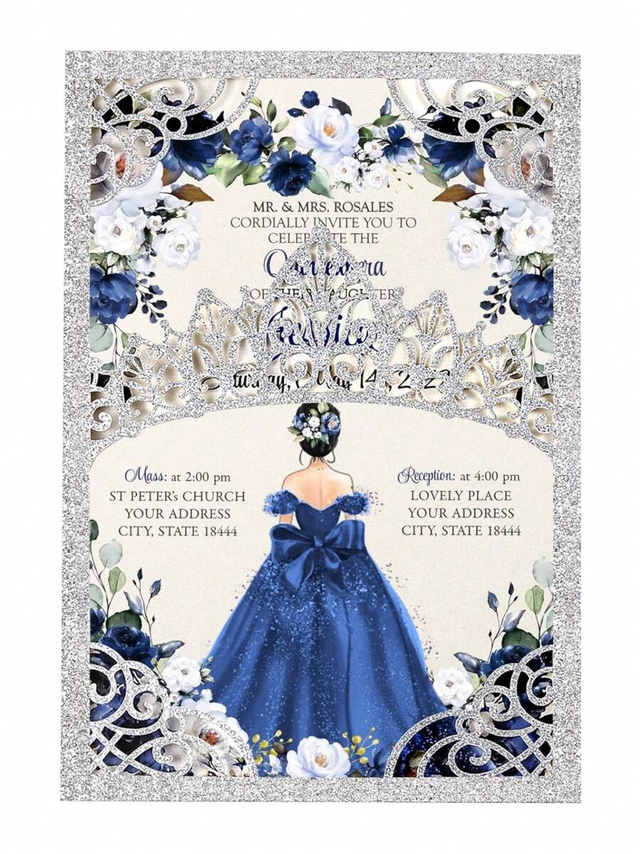 10 Pieces Glitter Quinceanera Invitations Laser Cut Hollow Crown Pocket ...
