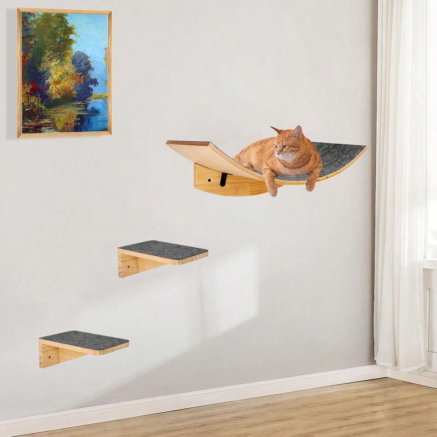 3pcs/Set Wooden Wall-Mounted Cat Climbing Frame With Arched Hammock*1 ...