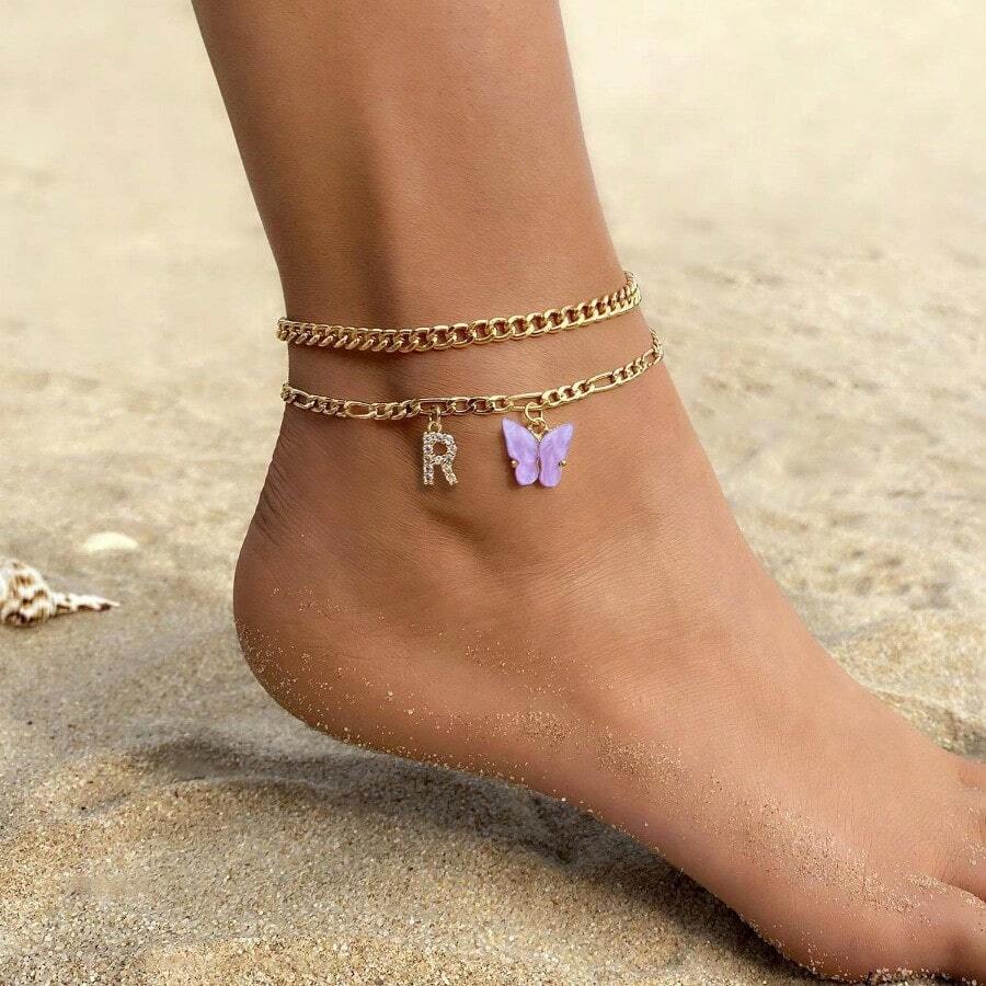 New Butterfly Rhinestone Double Layer Anklet With 26 Letters, Versatile ...