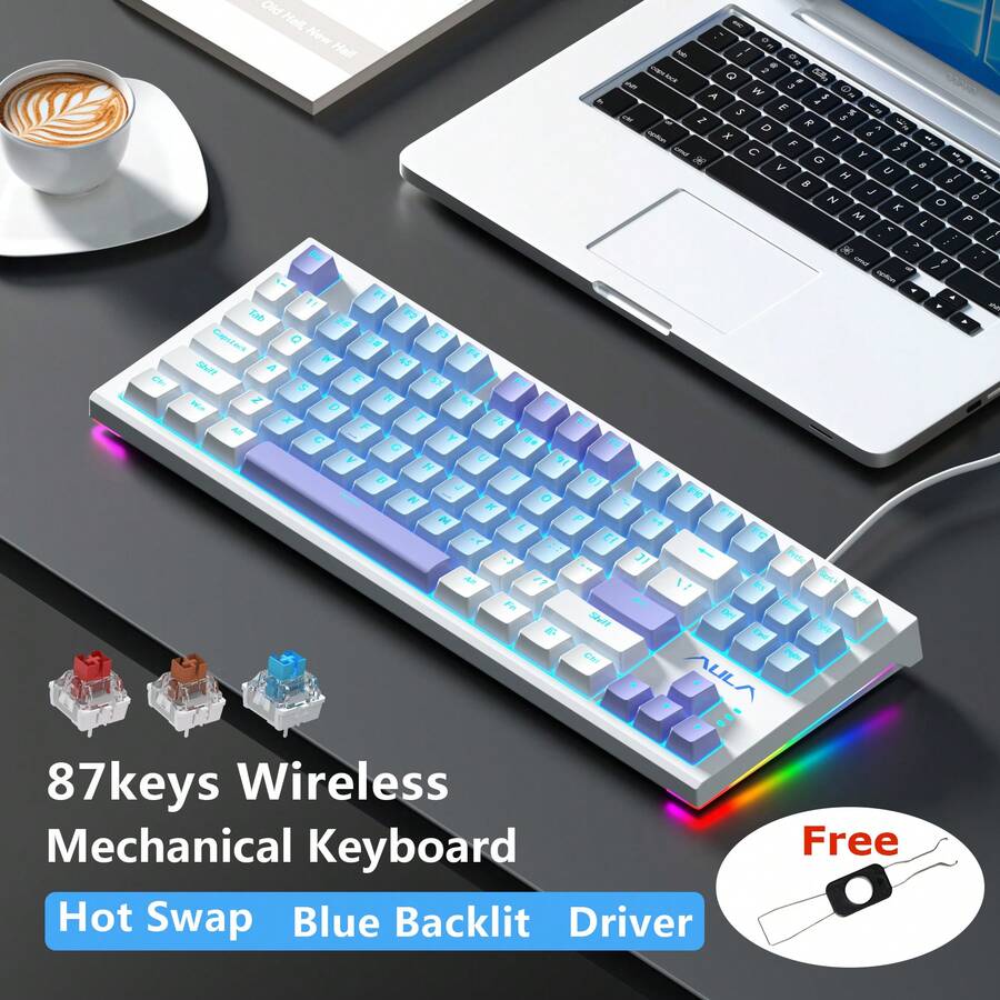 Aula F3387 Wired Mechanical Keyboard Hot Swap Blue Backlit TKL Gaming ...