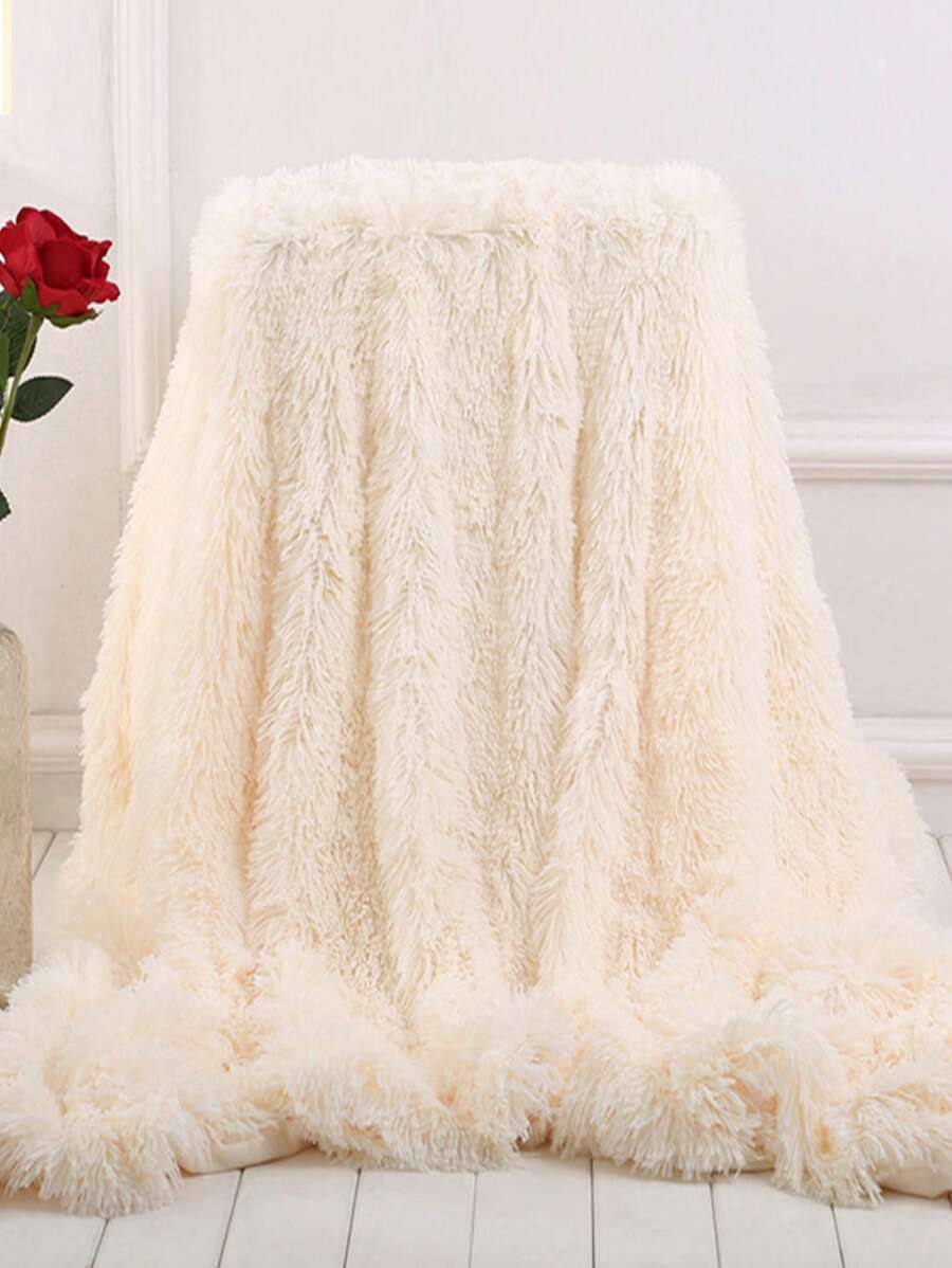 Faux Fur Throw Blanket, Cream White, Shaggy Long Hair Sherpa Fleece ...