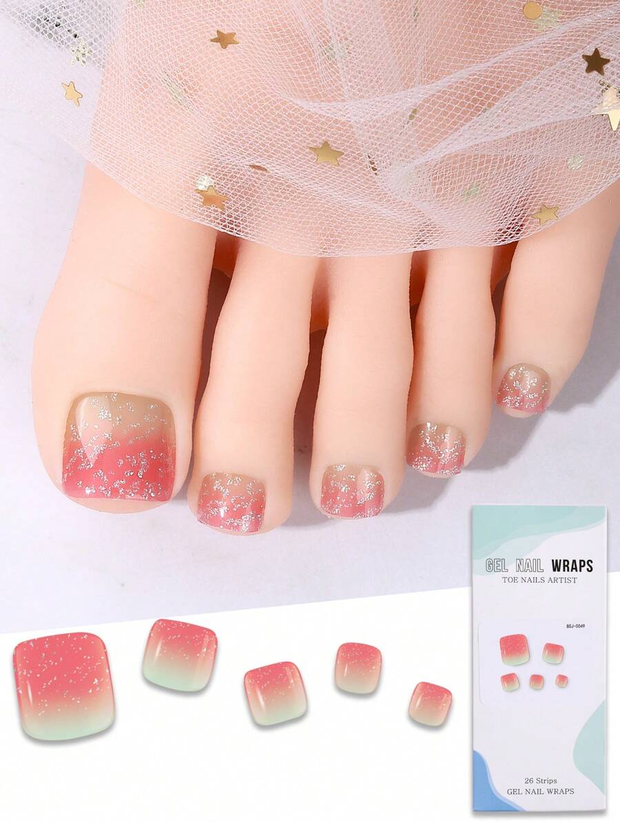 26pcs Semi Cured Gel Toenail Strips, Spring Pink Glitter Gradient ...
