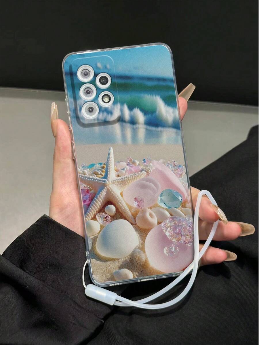Clear Phone Case With Small Holes And Colorful Drawings Of Starfish And Seashells Design + Strap ...