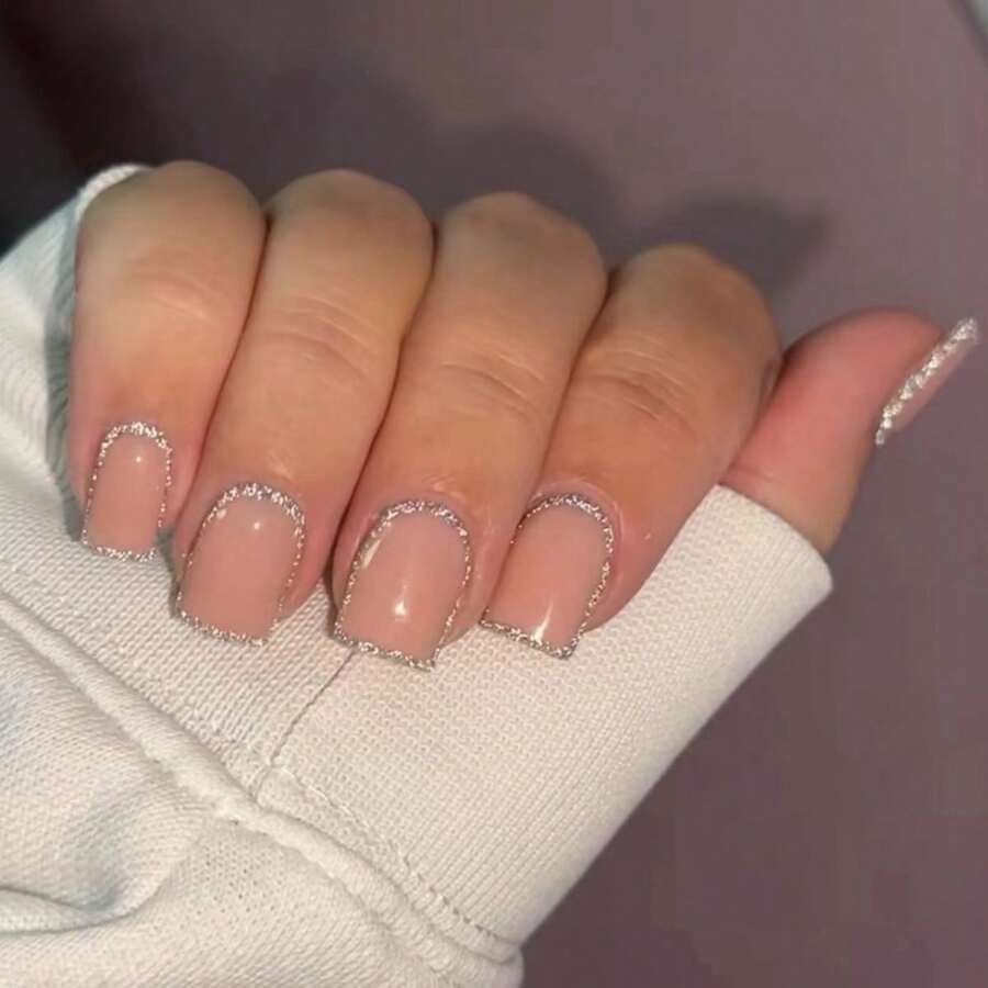 24pcs Short Press-On False Nails Square Silver Glitter Nails With Gel ...