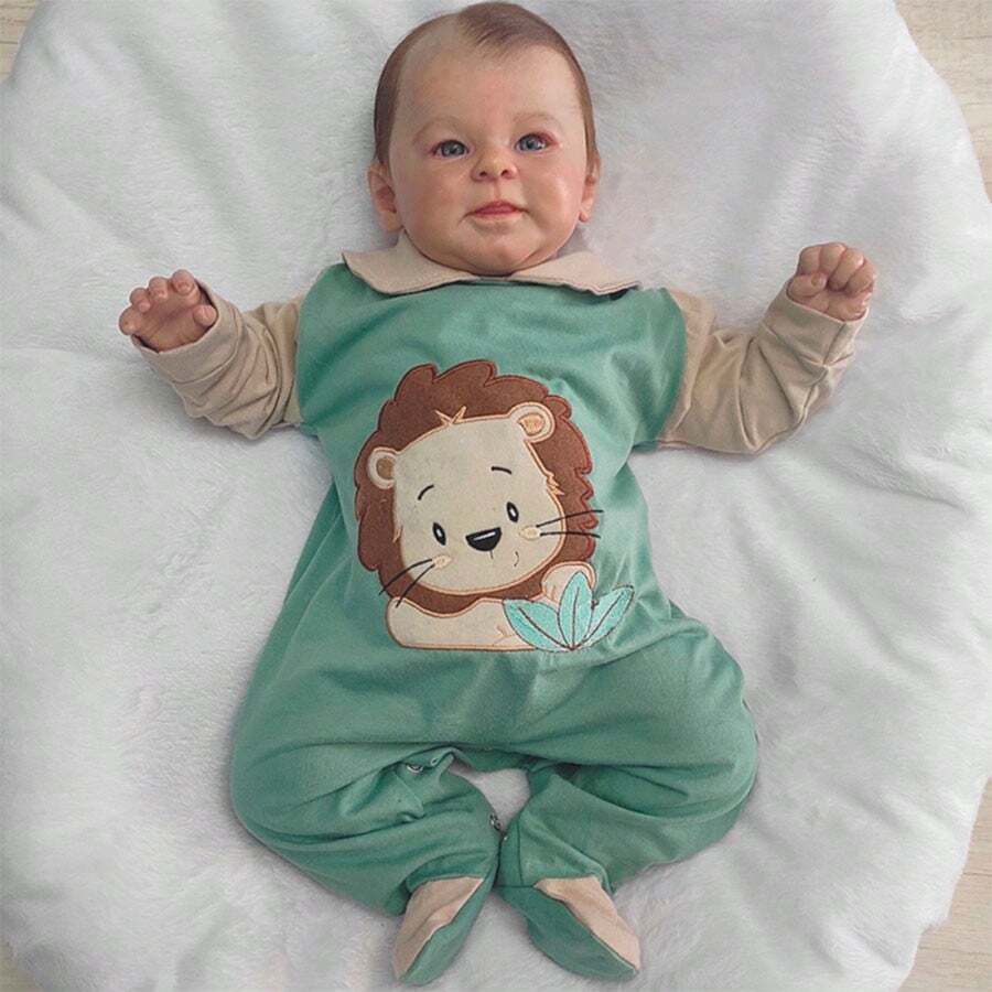 Roupa Macacão Manga Longa Bebê Menino com Bordado Leãozinho Verde/Bege ...