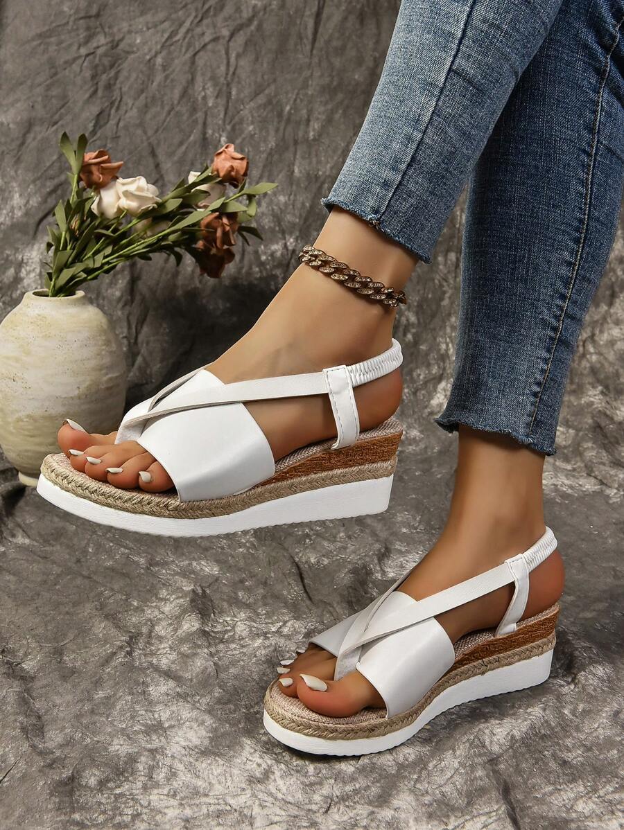 Wedge Heel White Peep-Toe Straw Sandals For Women With Thick Platform ...
