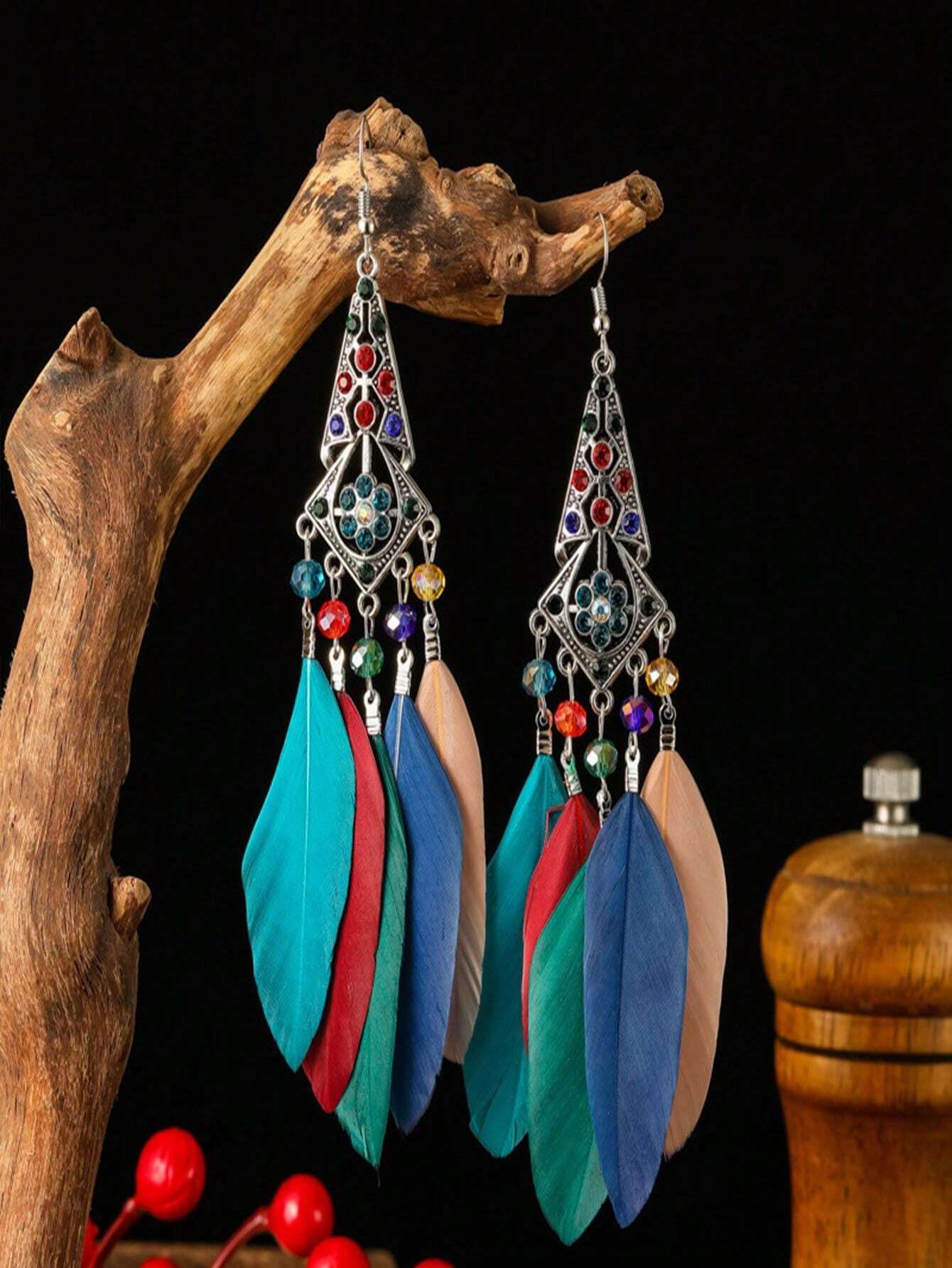 1 par de aretes largos de cristal con pluma natural y piedrería ...