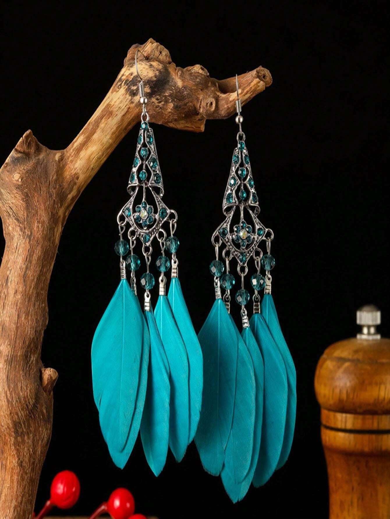 1 par de aretes largos de cristal con pluma natural y piedrería ...