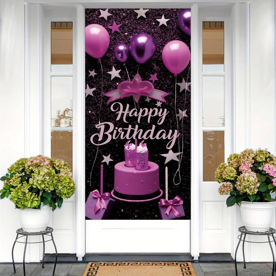 1pc, Happy Birthday Door Banner, Purple Black Birthday Party ...