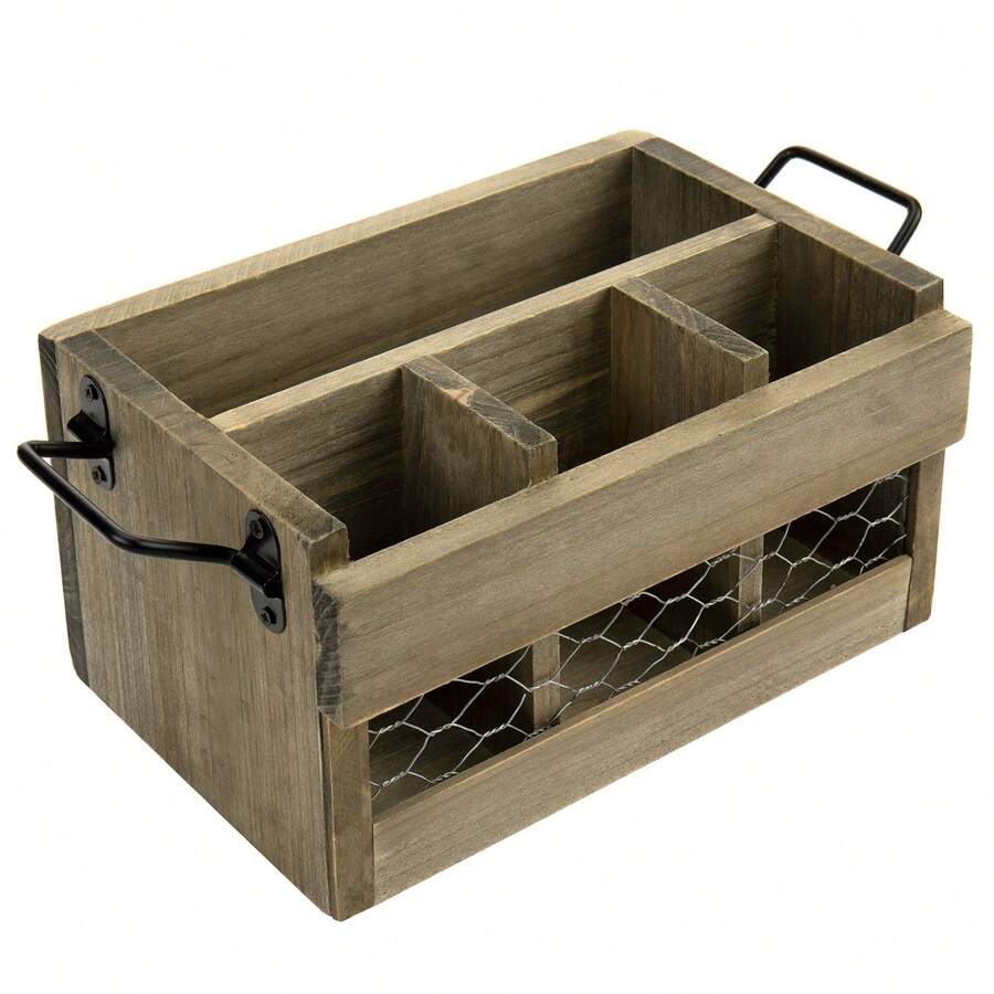 Brown Wood Kitchen Flatware Storage Rack, Utensil And Napkin Holder ...