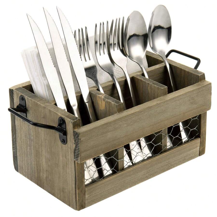 Brown Wood Kitchen Flatware Storage Rack, Utensil And Napkin Holder ...