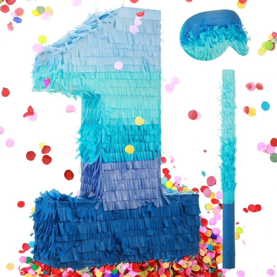 Number 5 Pinata With Stick Blindfold Confetti, Gradient Blue Pinata 5th ...