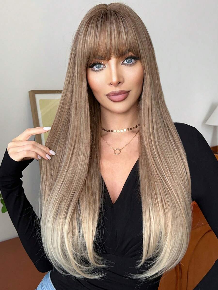NICKY WALL Long Ombre Brown Wigs For Women Straight Wig With Bangs Soft ...