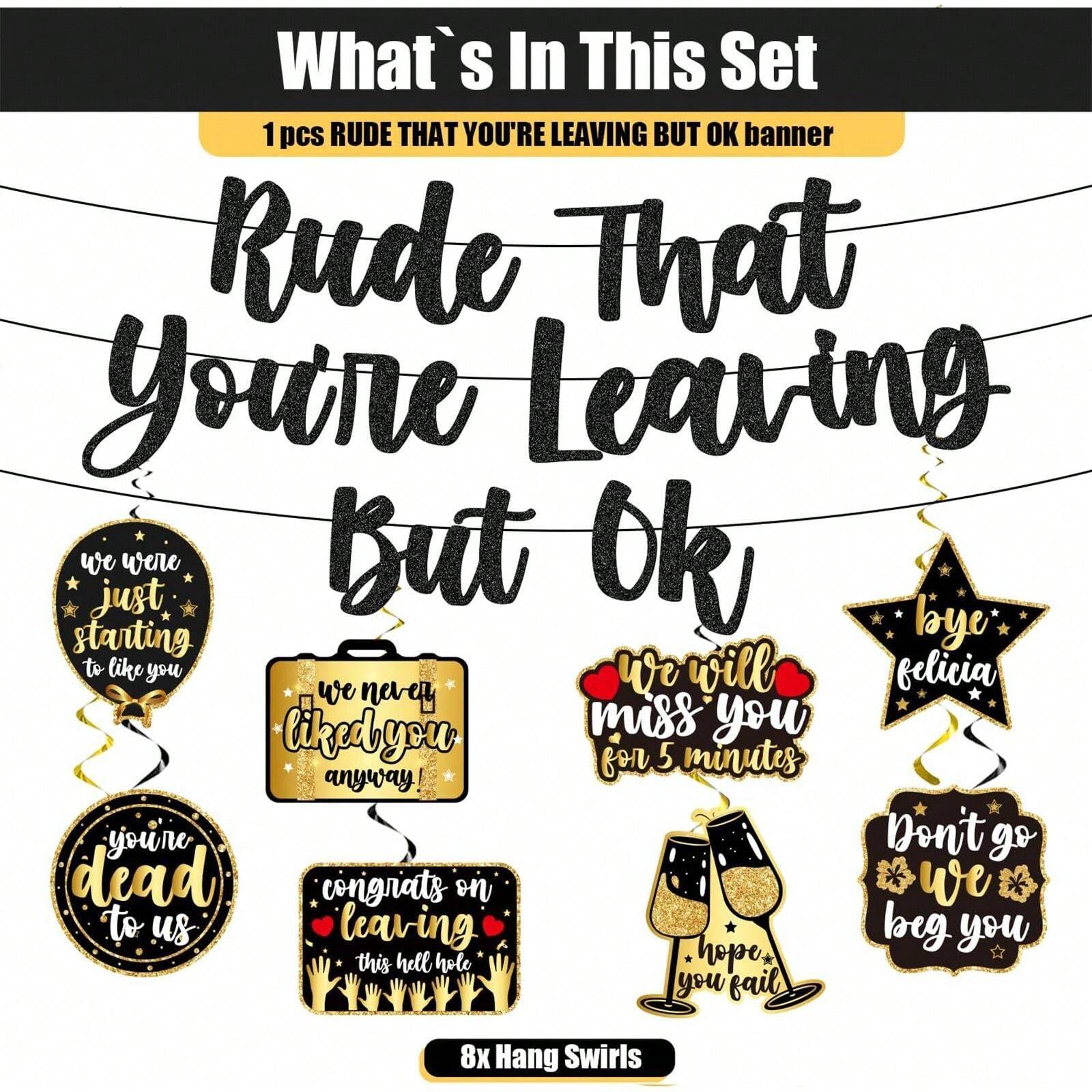 1pc Glamorous Gold Glitter Rude Leaving Banner With Hanging Swirls ...