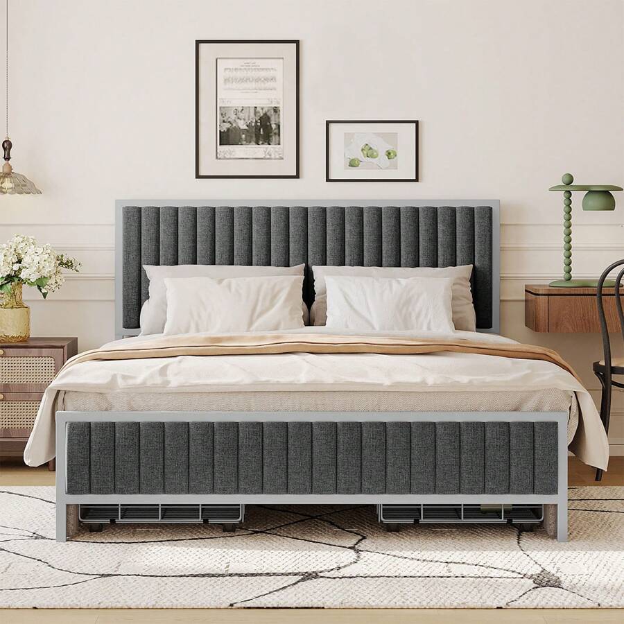 Metal Platform Bed Frame With Headboard And Metal Lath, Mattress ...