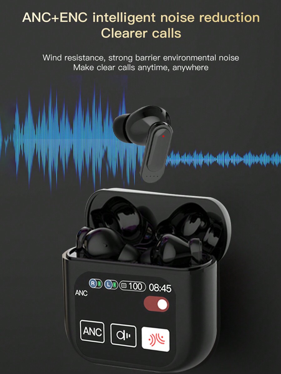 Wireless ANC+ENC Noise Cancelling Headphones TFT Colour Touch Screen In-Ear Headphones-Black ...