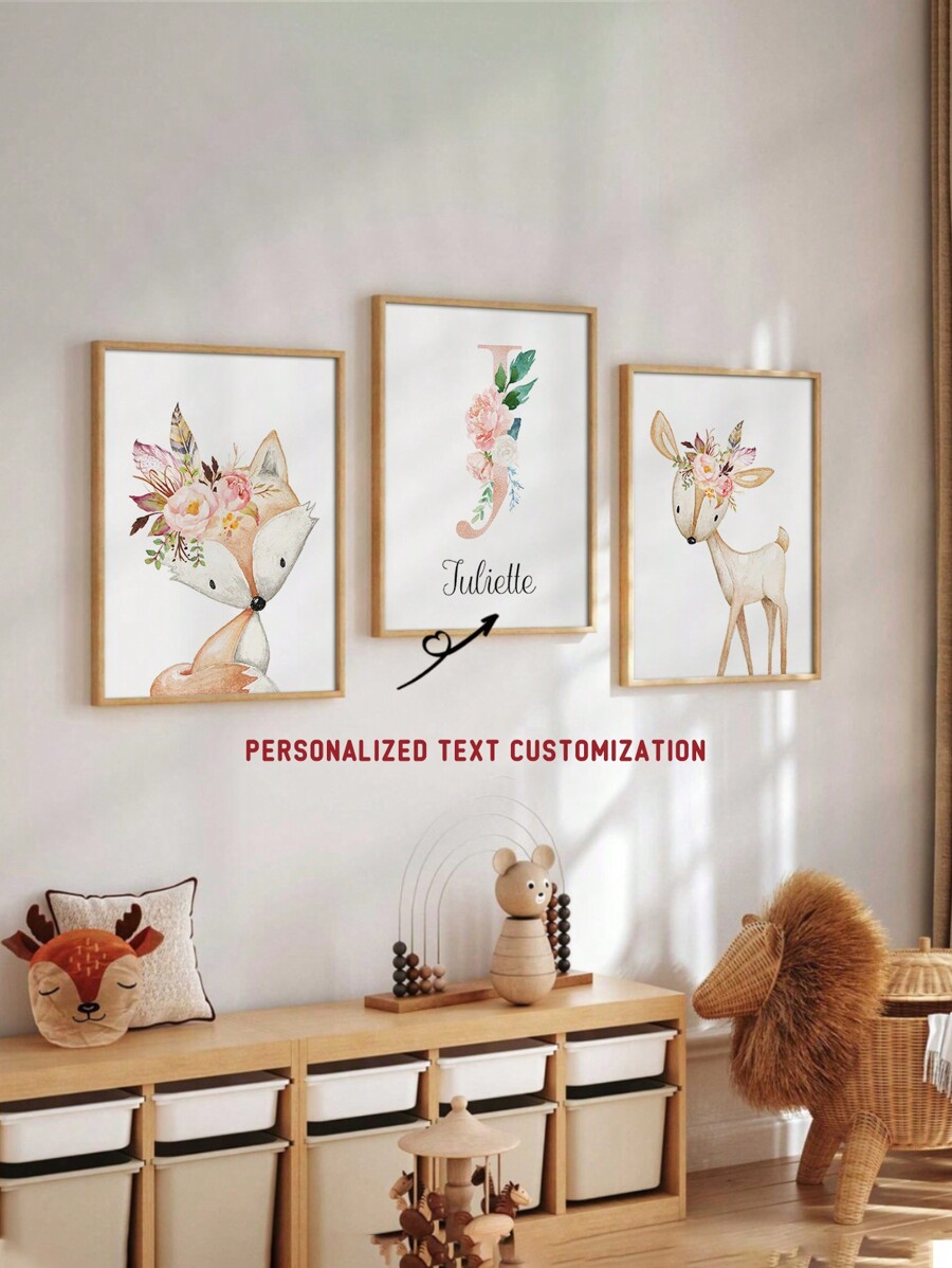3Pcs Personalized Name Art Prints Fox Print Pictures Deer Printing ...