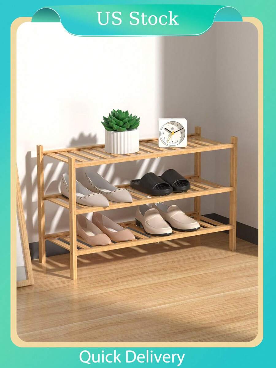 3-Tier Free Standing Shoe Racks, Bamboo Wood Shoe Rack For Entryway ...