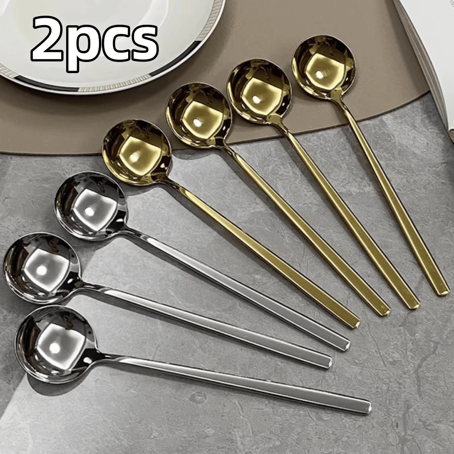 2pcs, Stainless Steel Spoon, Thickened Western Food Long-Handled Sweet ...