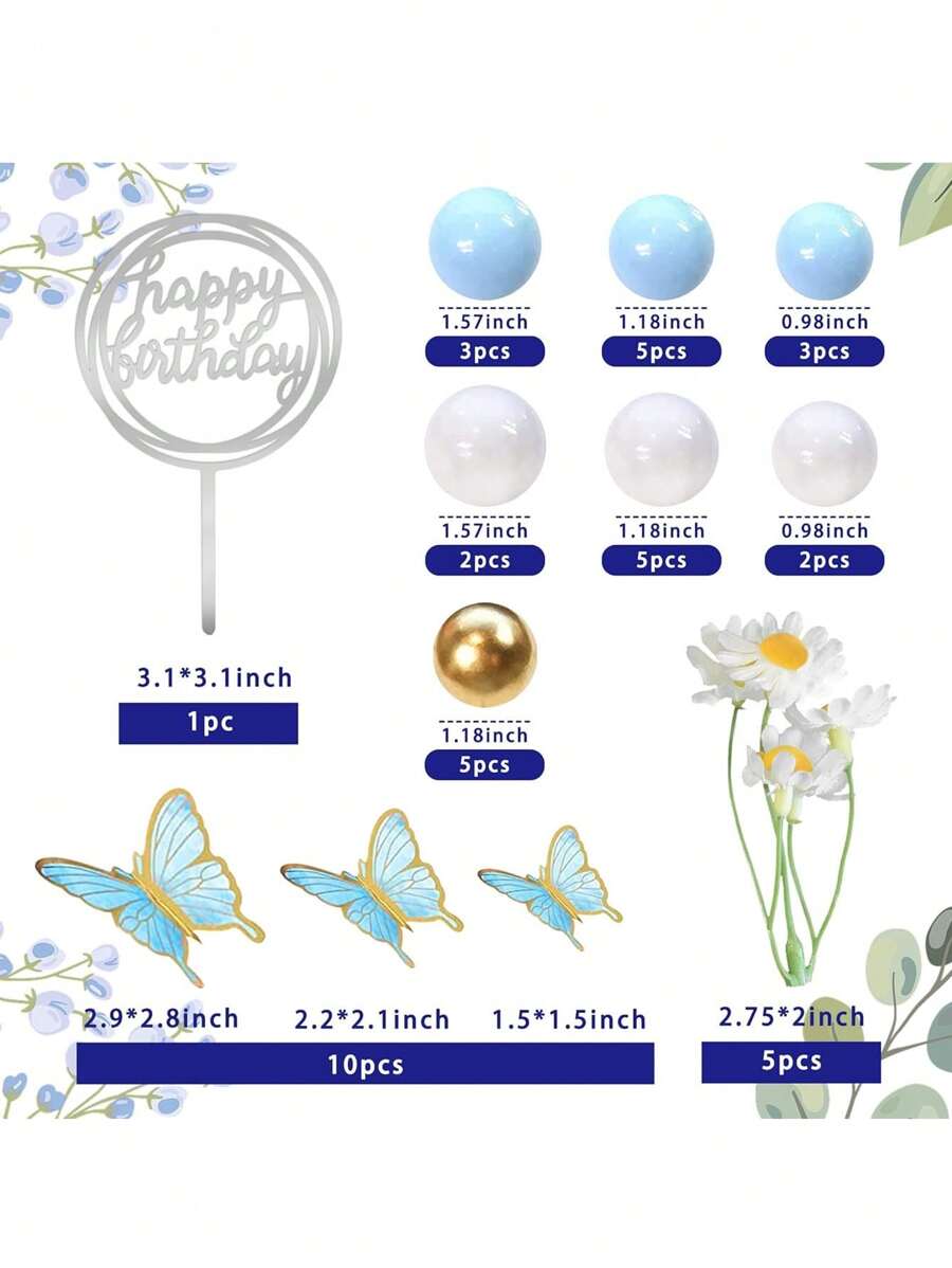 41 Pack Light Blue White Ball Cake Toppers, Blue Butterfly Cake Toppers ...