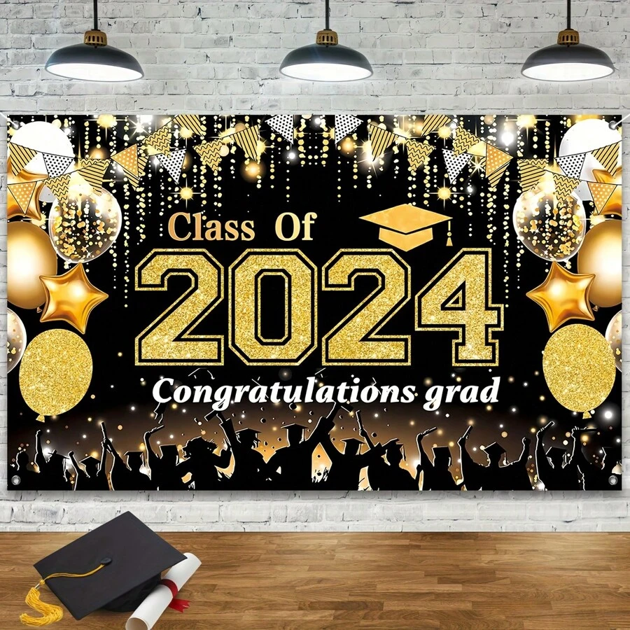 2024 Class Graduation Backdrop For Photography Black And Gold Bachelor ...