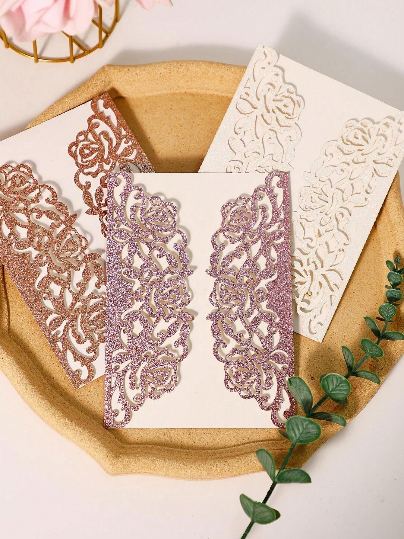 1pc Rose Pattern Carving Craft Decor Invitation Card & Inner Page ...
