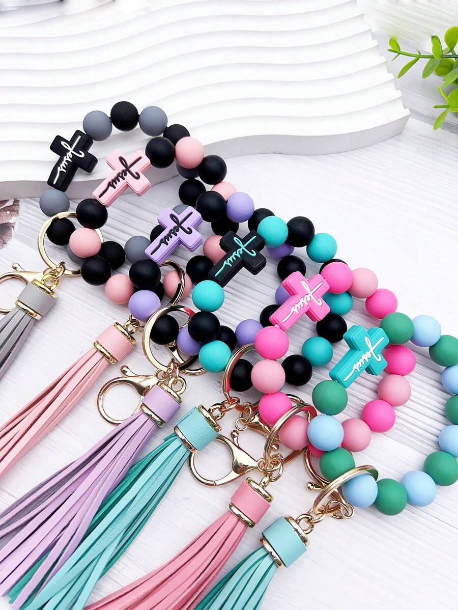 1pc Simple Style Jesus Cross Silicone Beaded Tassel Wrist Keychain, Bag ...