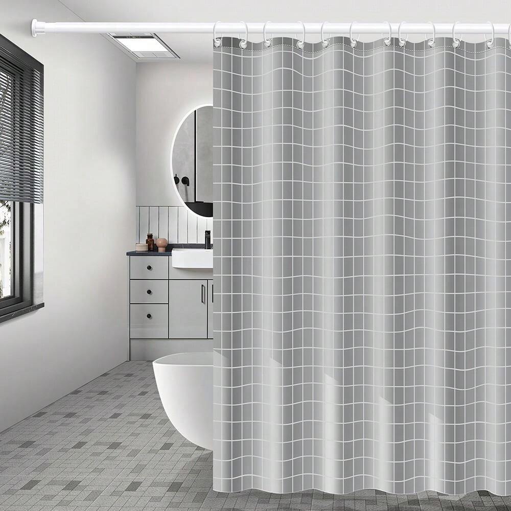 1 pieza Cortina de ducha, patrón de cuadrícula gris elegante y con estilo, con ojales de hebilla ...