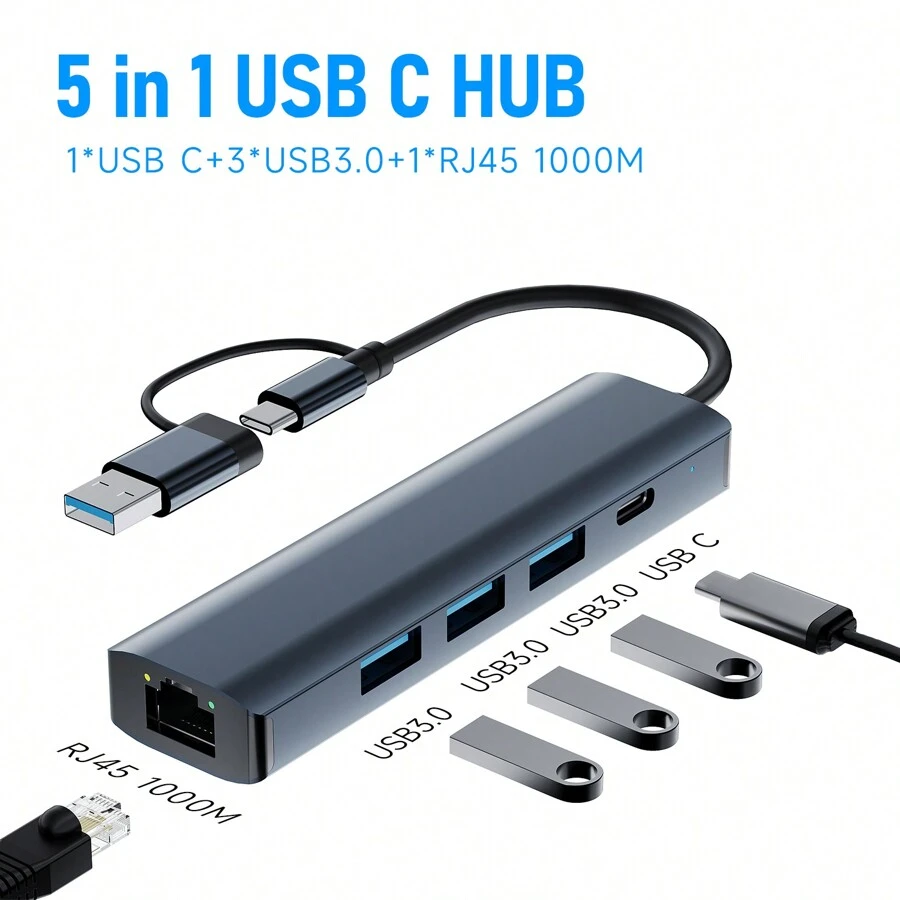 Stacja dokująca USB C 5 w 2 Rozszerz łączność swojego urządzenia dzięki USB C USB3.0 USB2.0 RJ45 ...