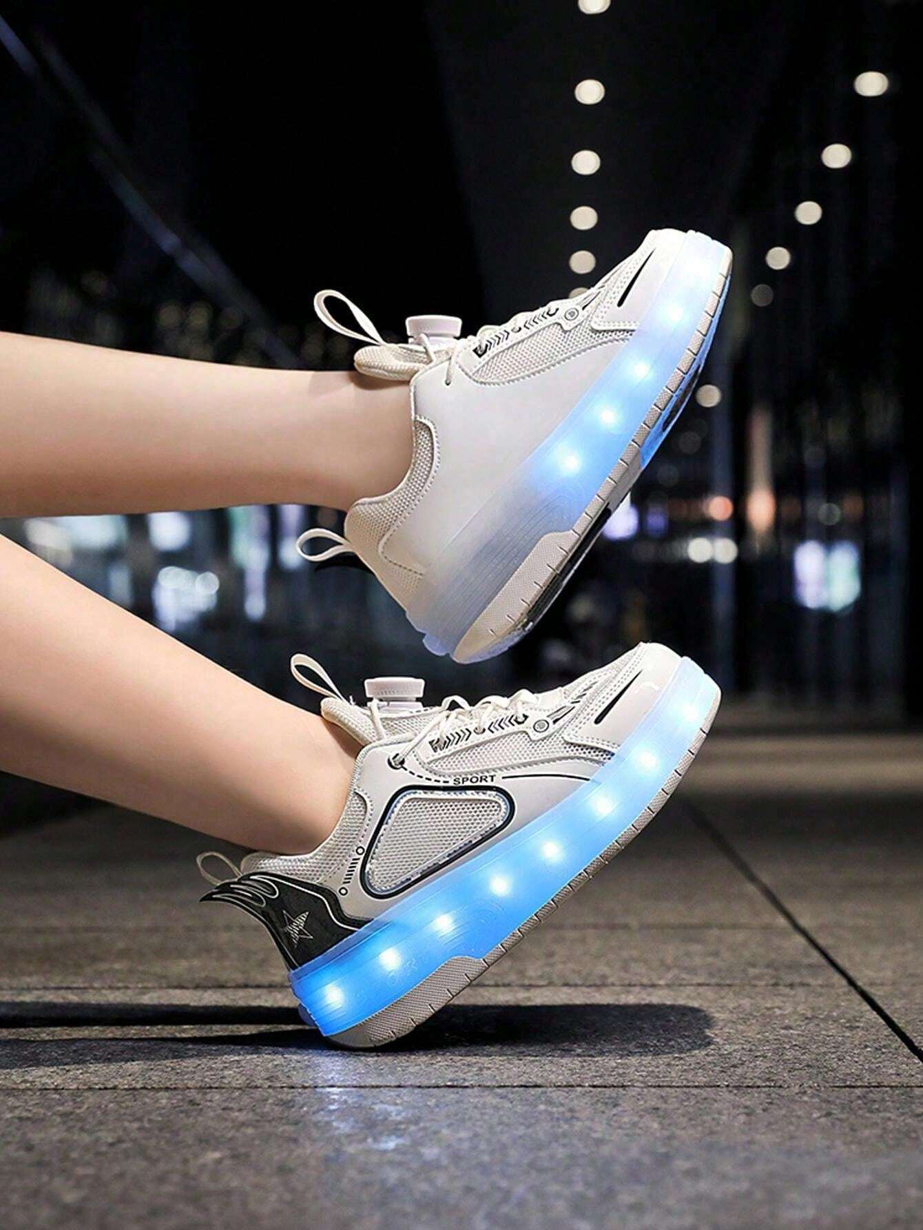 Tênis com patins para meninos, sapatos de rolo de malha respirável para ...