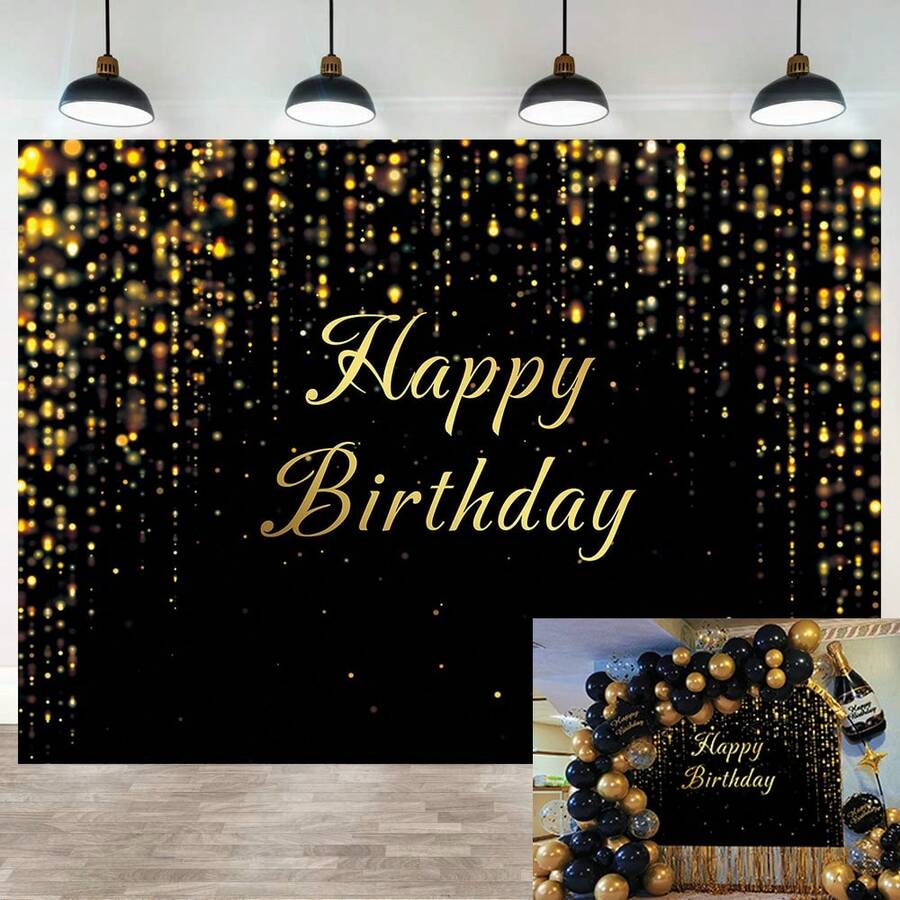 1pc 7x5FT 5x3FT Happy Birthday Backdrop Black And Golden Glitter Spots ...