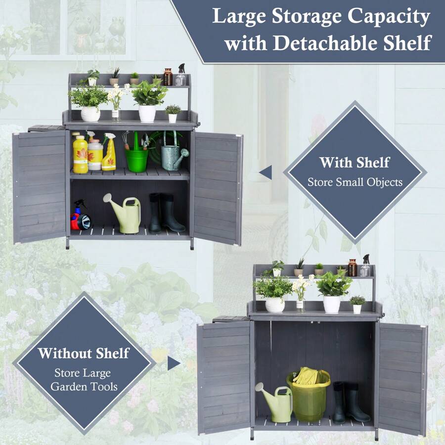 Outdoor Potting Bench Table Storage Cabinet, Wooden Planting ...