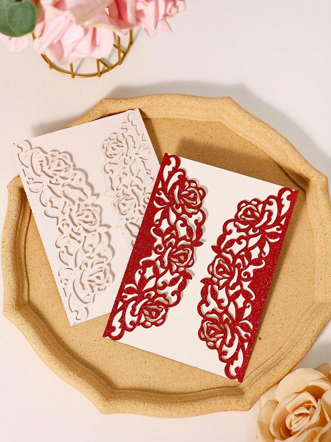 1pc Rose Pattern Carving Craft Decor Invitation Card & Inner Page ...