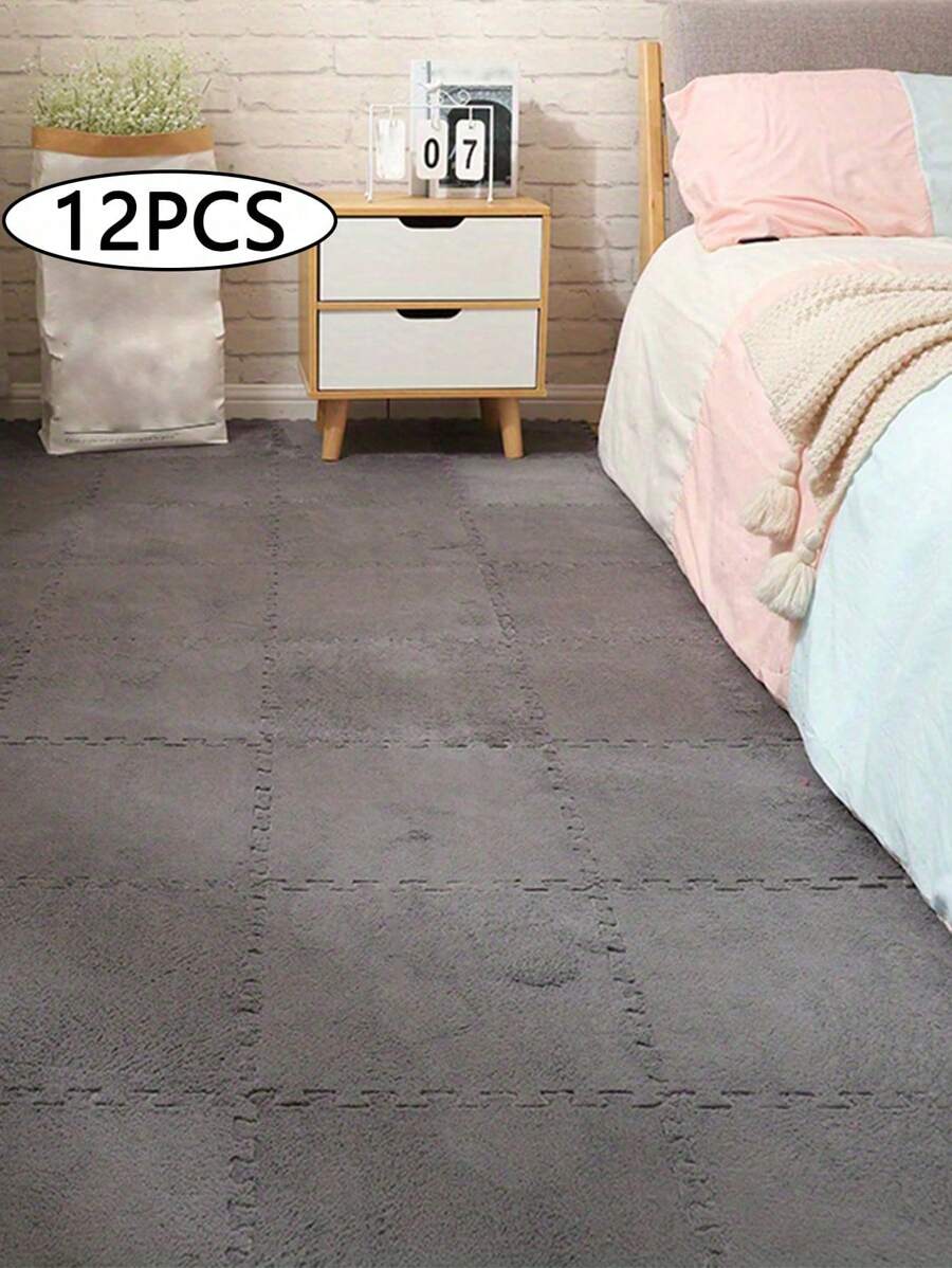 12pcs Interlocking Foam Mats, Fluffy Carpet Tiles Plush Floor Tiles ...