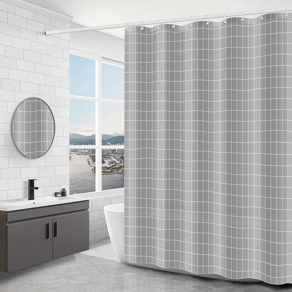 1 pieza Cortina de ducha, patrón de cuadrícula gris elegante y con ...