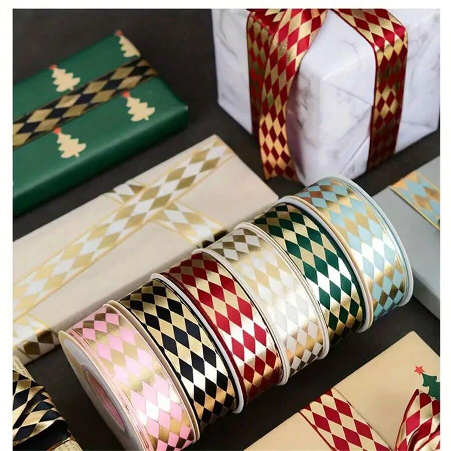 2.5cm Rhombus Gold-Pressed Ribbon, DIY Gift Wrapping Ribbon, Plaid ...