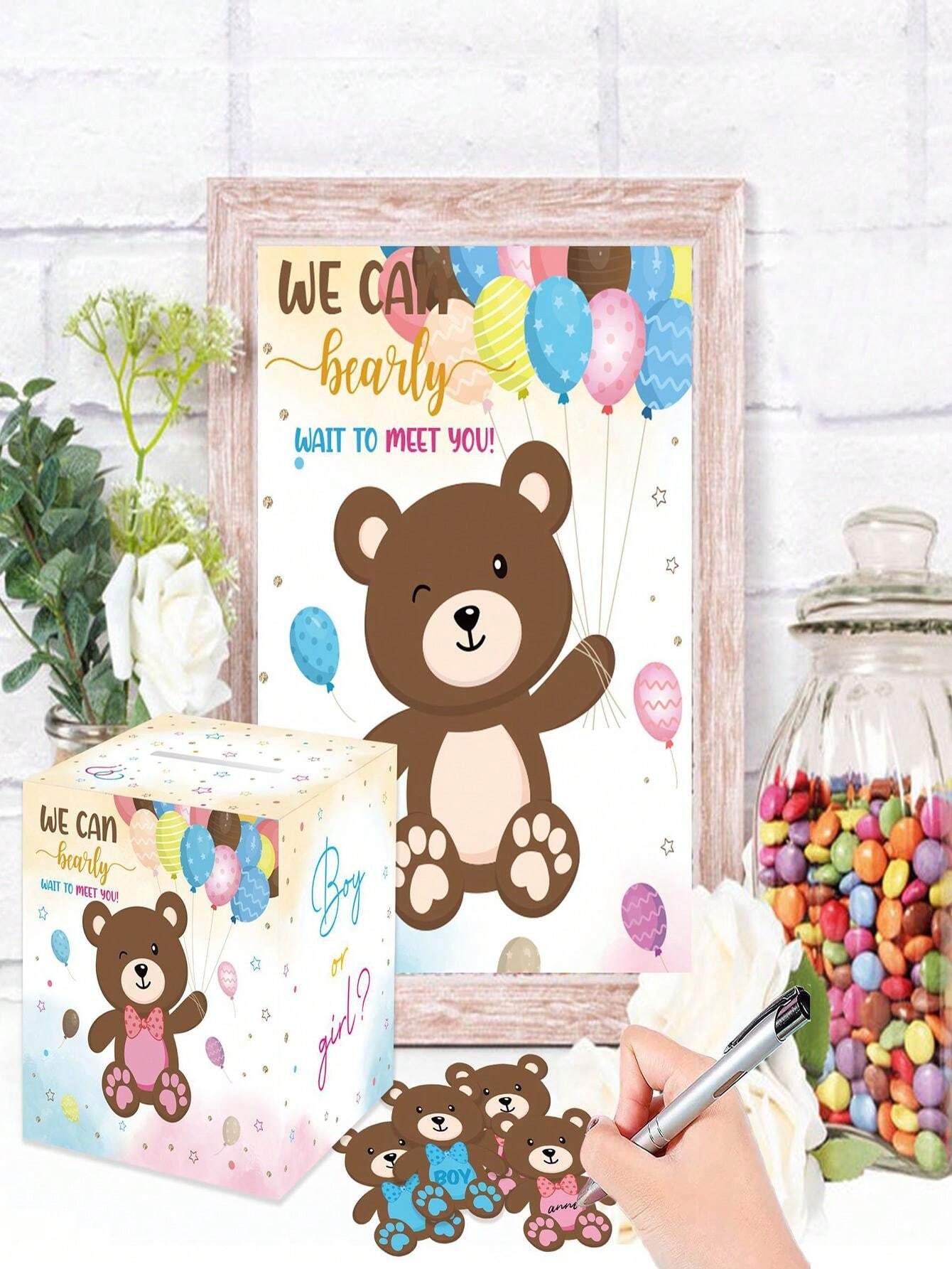 1set Gender Reveal Game Card, Pink And Blue Bear Ballot Box, Create A ...