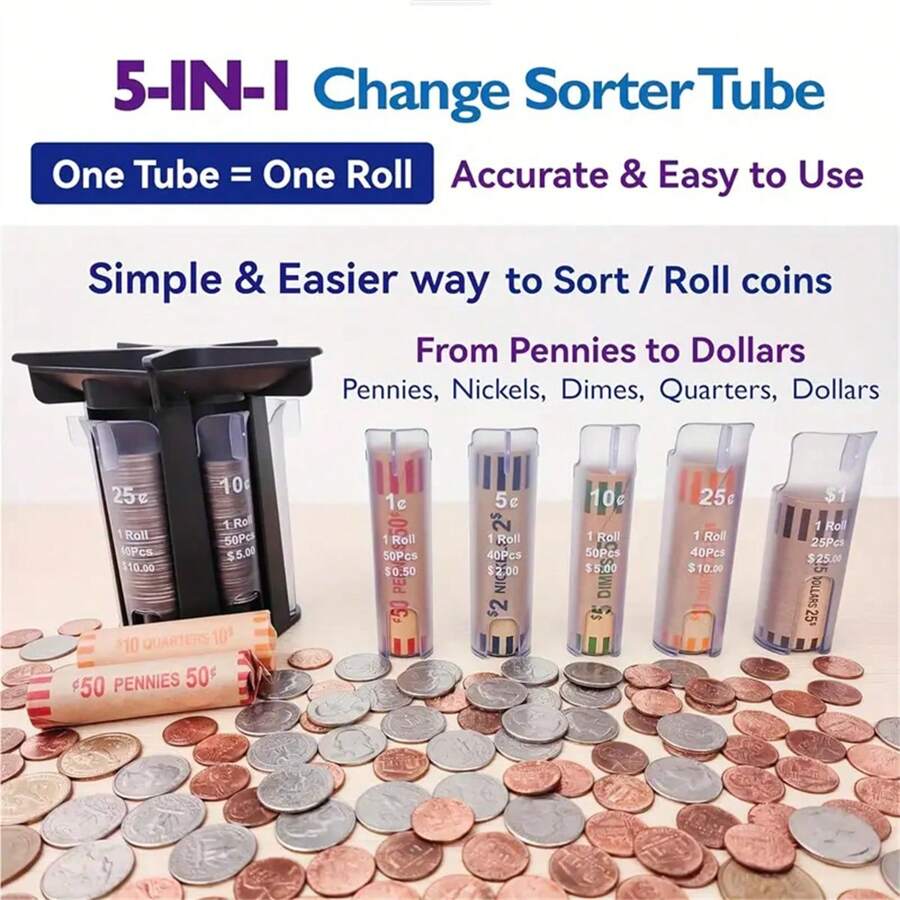 5-In-1 Coin Sorter With Storage Tube - Quick & Accurate Counting, Includes Coin Organizer And ...
