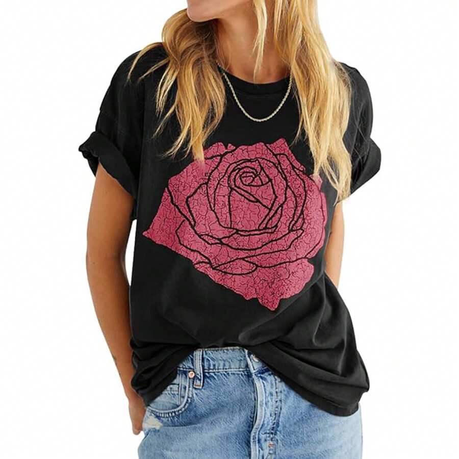 BZB Women's Rose Print T-Shirt Loose Fit Short Sleeve Casual Round Neck ...