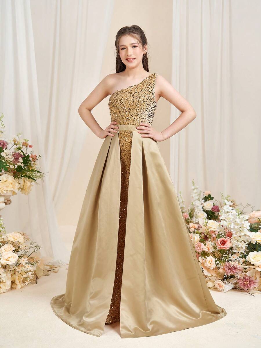 Teen Girls' One Shoulder Sequin Splice Satin Party Prom Dress With Train | SHEIN UK